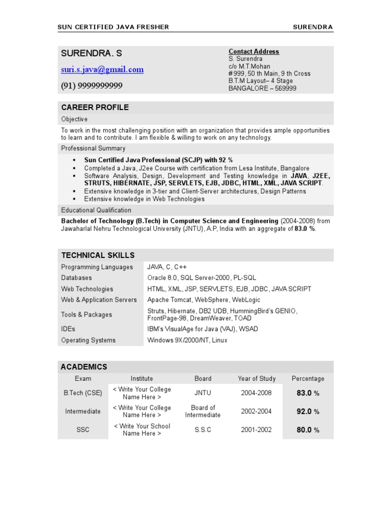 Resume Surendra Java Fresher | PDF | Java Server Pages | Java (Programming Language)