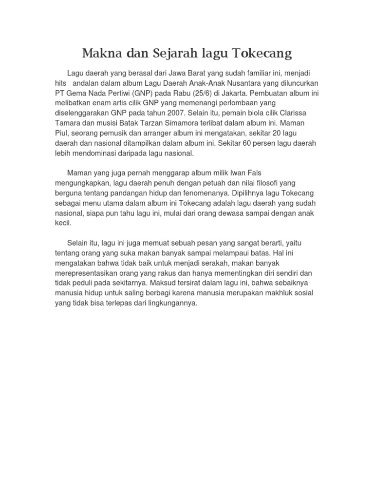 Makna Dan Sejarah Lagu Tokecang | PDF