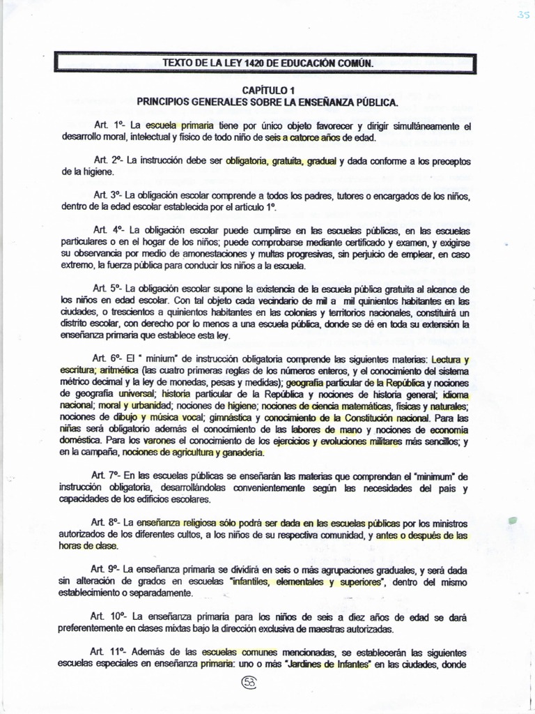 Texto Ley 1420 | Universidad | Educación primaria