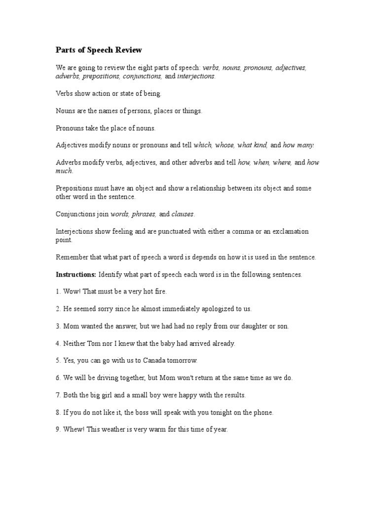 Parts of Speech Review | PDF | Part Of Speech | Verb