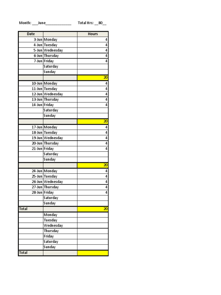 June And July Work Hours Tracker Pdf Self Improvement