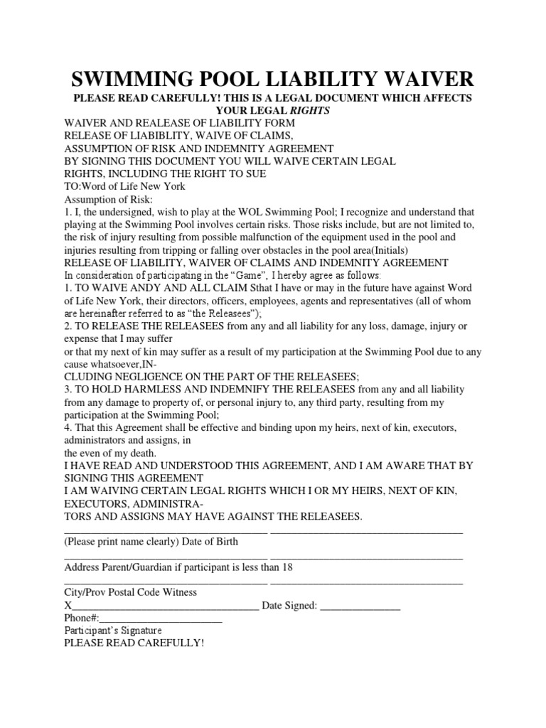 Swimming Pool Liability Waiver | Waiver | Indemnity