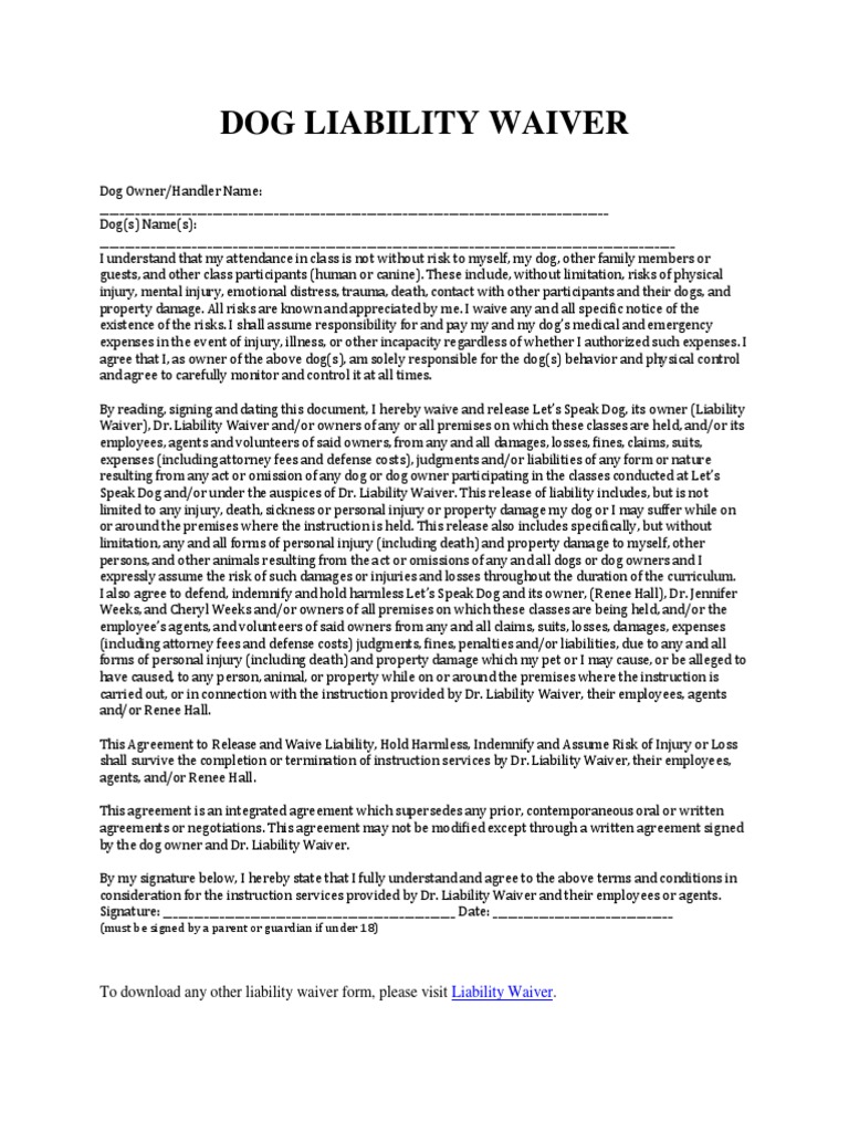 DOG LIABILITY WAIVER.docx | Indemnity | Dogs