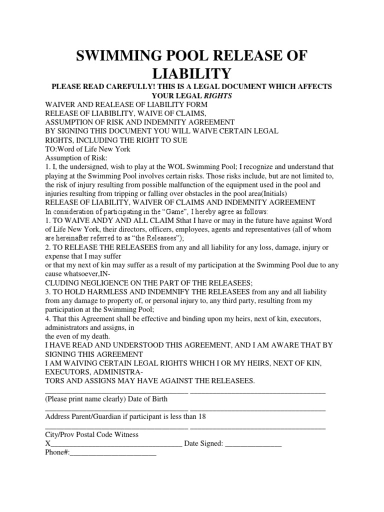 SWIMMING POOL Release of Liability | PDF | Indemnity | Government ...