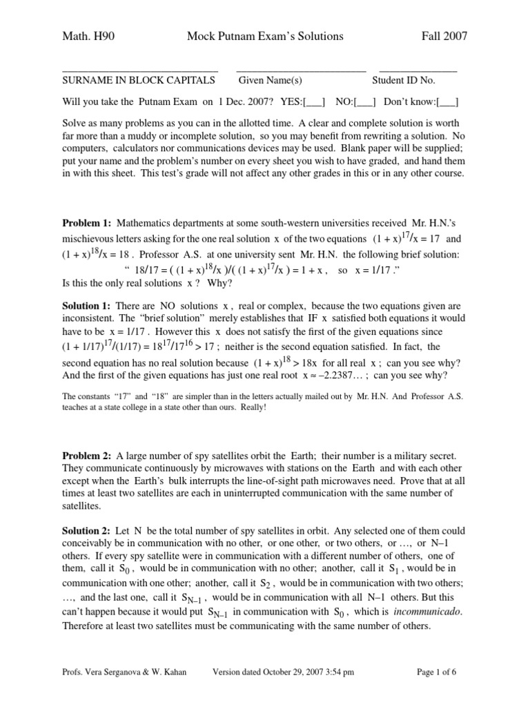 Solutions to a Mock Putnam Exam in Mathematics Covering Topics in Algebra, Analysis, Number ...