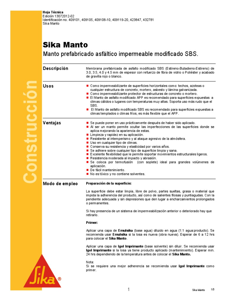 Hoja técnica para el impermeabilizante Sika Manto | PDF | Manto ...