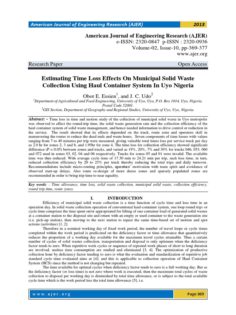 Estimating Time Loss Effects On Municipal Solid Waste Collection Using ...