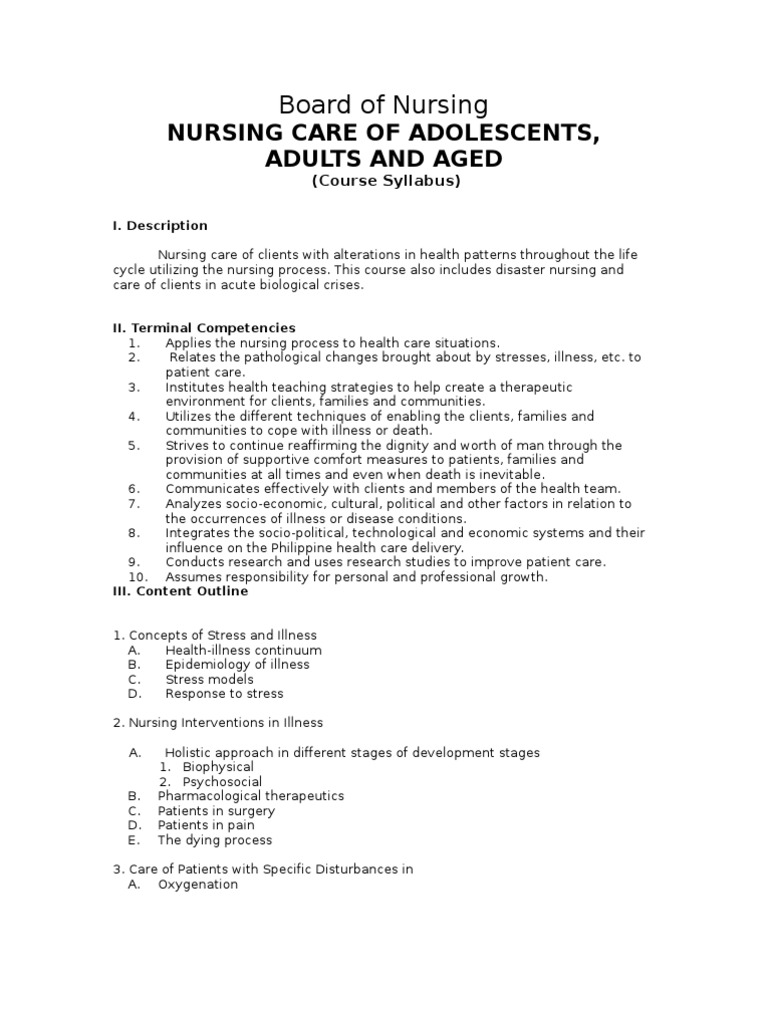 Course Syllabus for Nursing Care of Adolescents, Adults and Aged ...