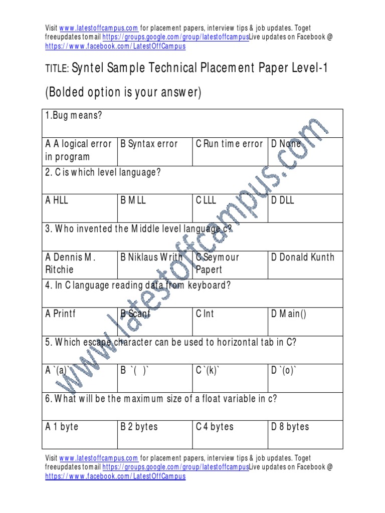 Syntel Sample Technical Placement Paper Level-1: (Bolded Option Is Your Answer) | PDF | C ...