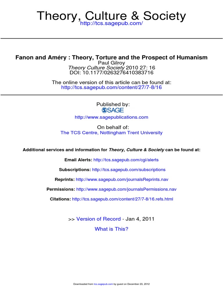Fanon and Améry - Theory, Torture and The Prospect of Humanism PDF ...