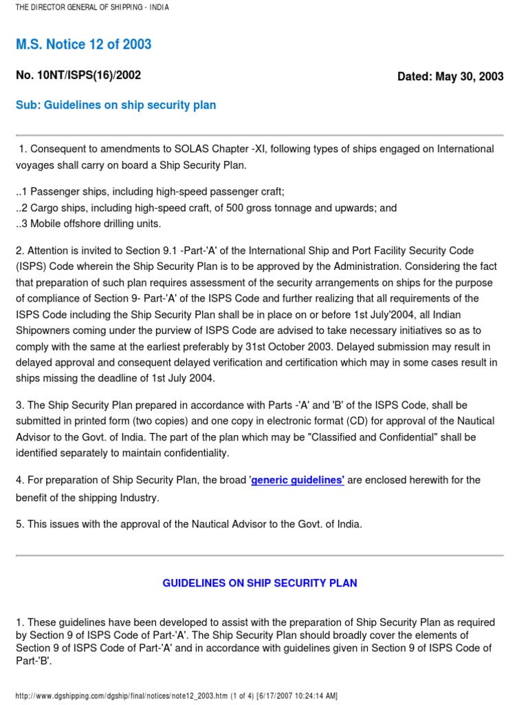 M.S. Notice 12 of 2003: Sub: Guidelines On Ship Security Plan | PDF ...