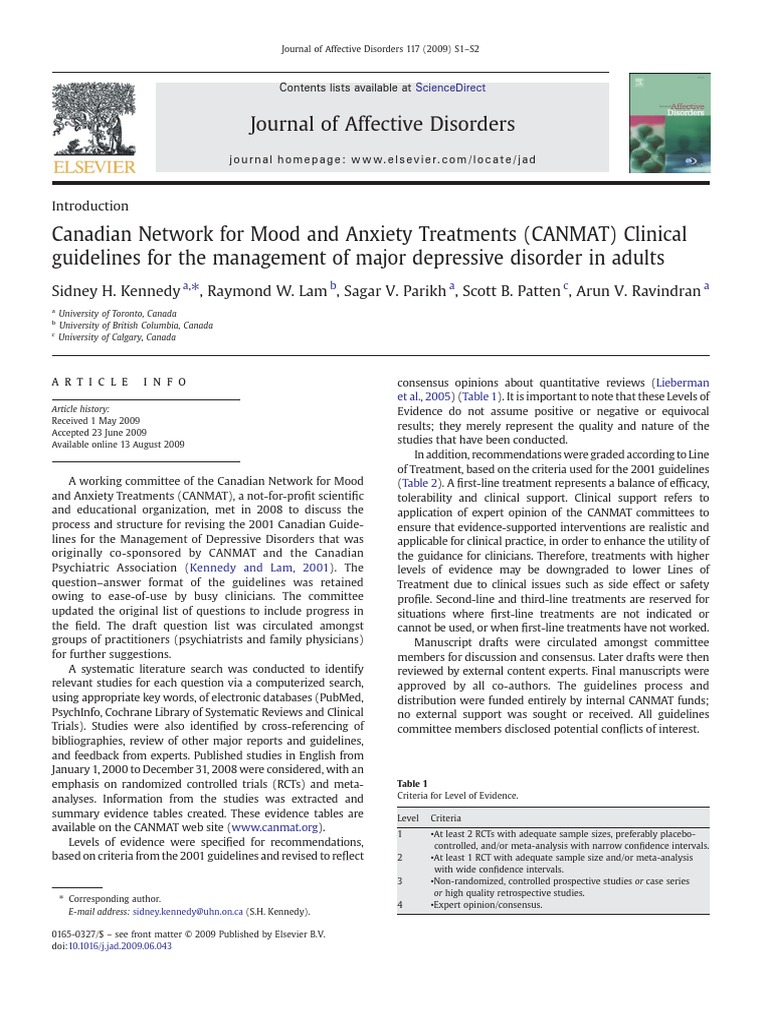 CANMAT Depression Guidelines 2009 | PDF | Major Depressive Disorder ...