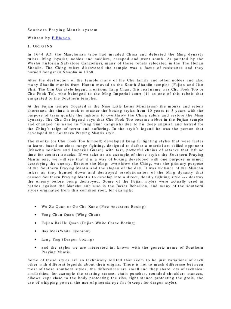 The Southern Praying Mantis System | PDF | Combat Sports | Chinese ...