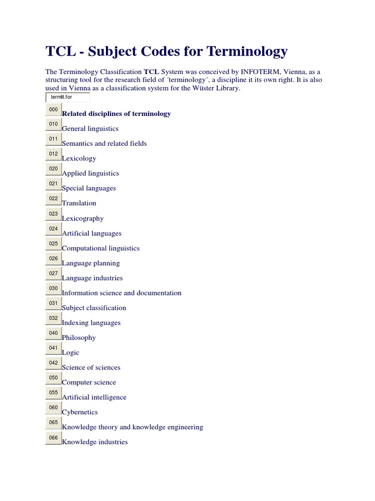 TCL - Subject Codes For Terminology: Related Disciplines of Terminology ...