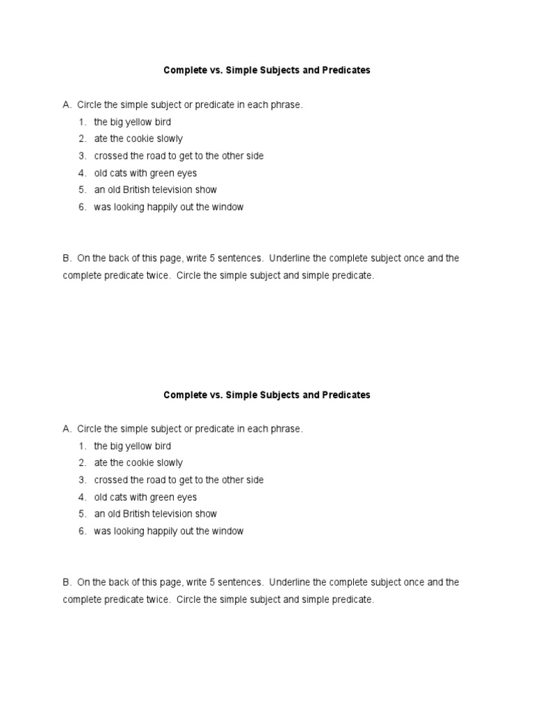 Complete vs. Simple Subjects and Predicates | PDF | Language Arts ...