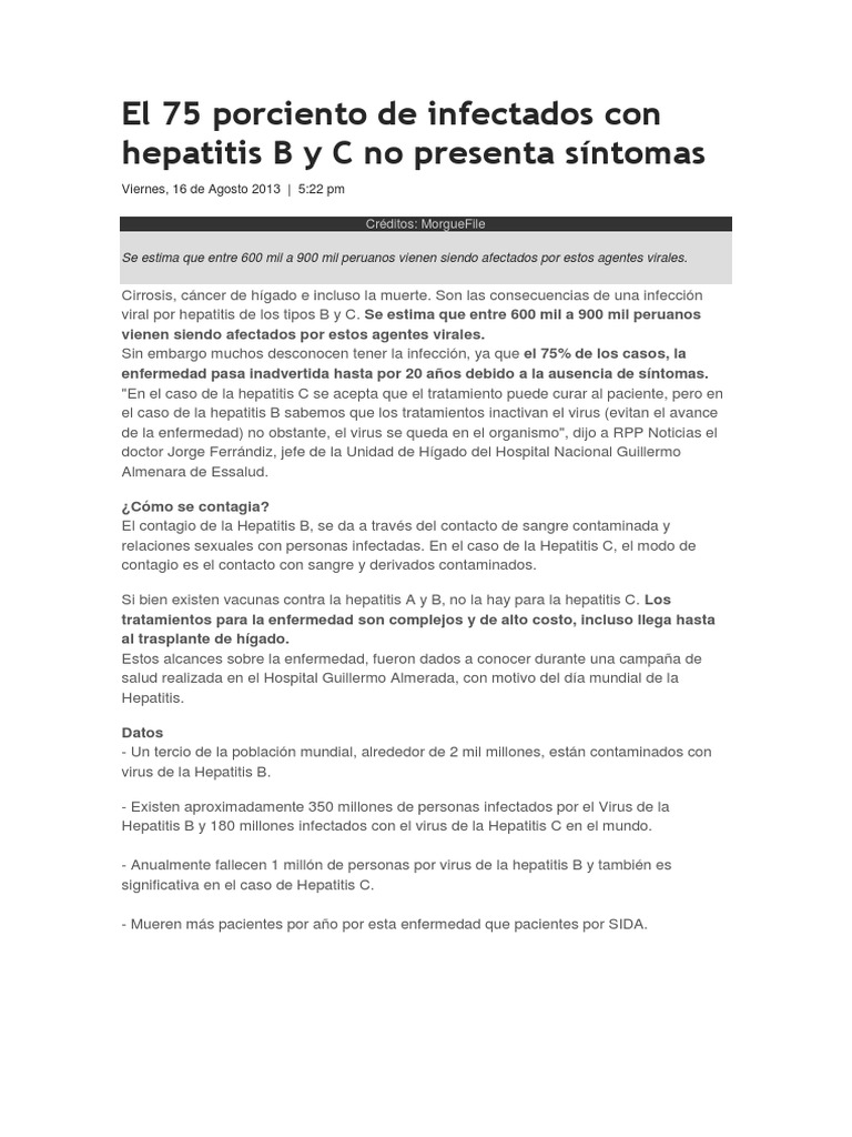 El 75 Porciento de Infectados Con Hepatitis B y C No Presenta Síntomas ...