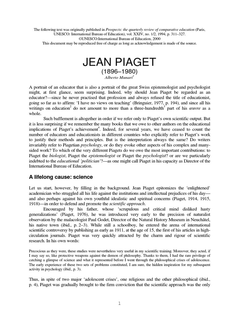 Jean Piaget: A Lifelong Cause: Science | PDF
