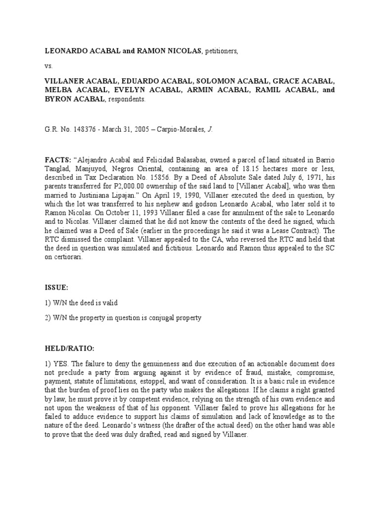 Acabal v. Acabal - Property Digest | Download Free PDF | Virtue | Rules