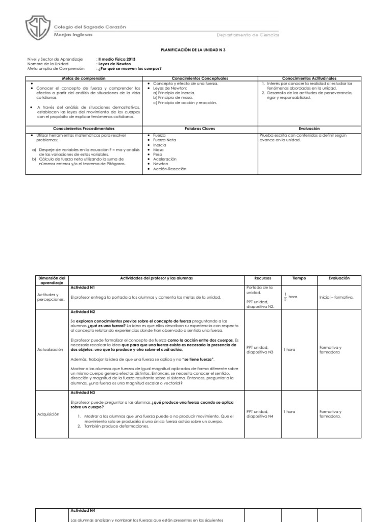 Planificación Unidad 3 Leyes de Newton II Medio 2013 - Física | PDF ... Planificación Unidad 3 Leyes de Newton II Medio 2013 - Física | PDF ...