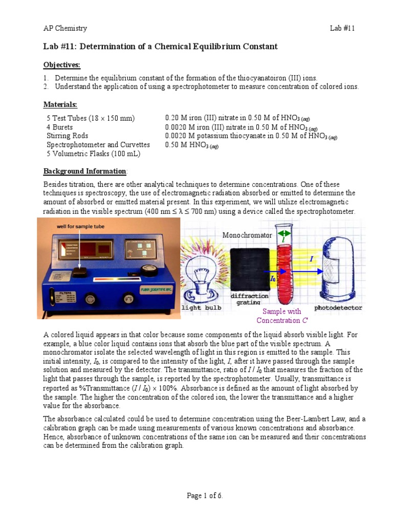 Lab #11: Determination of A Chemical Equilibrium Constant: Objectives ... Lab #11: Determination of A Chemical Equilibrium Constant: Objectives ...