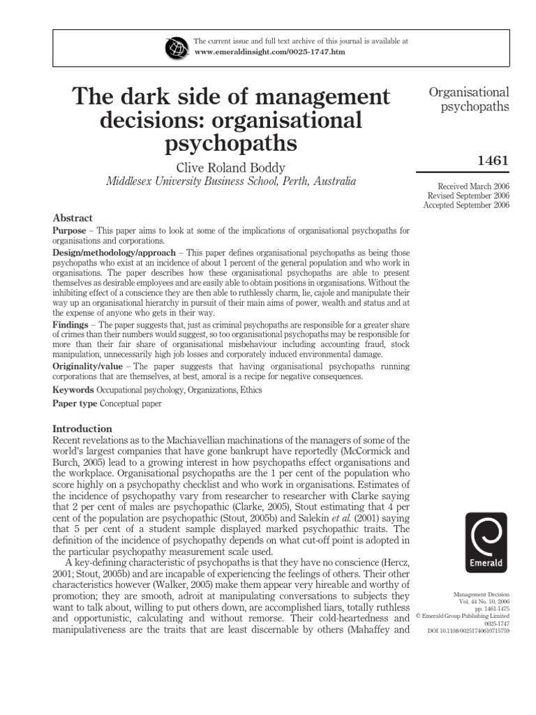 Organisational Psychopaths in Management | PDF | Psychopathy ...