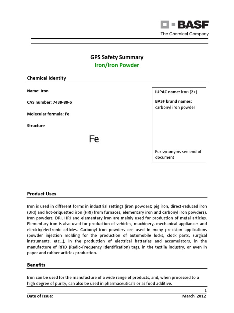 BASF Iron Powder Safety Summary | PDF | Toxicity | Chemistry