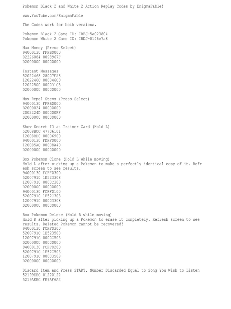 Pokemon Black 2 and White 2 Action Replay Codes | PDF | Japanese Games ...
