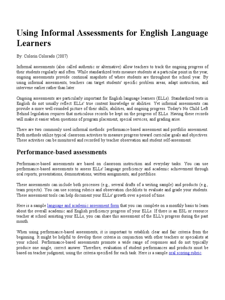 Informal Assessments for ELL Progress | PDF | Applied Psychology | Learning