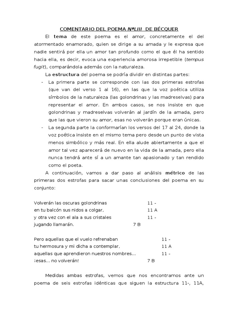 Volverán Las Oscuras Golondrinas (LIII BÉCQUER) | PDF | Rima | Amor