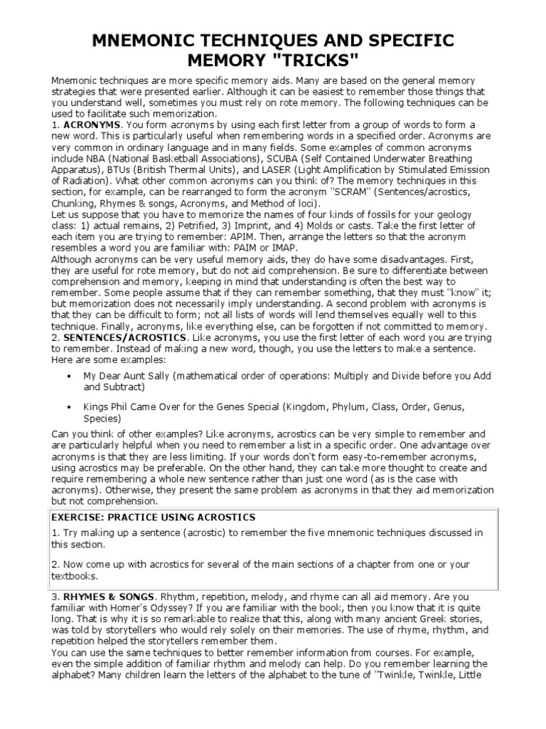 Mnemonic Techniques and Specific Memory Tricks PDF | Download Free PDF ...