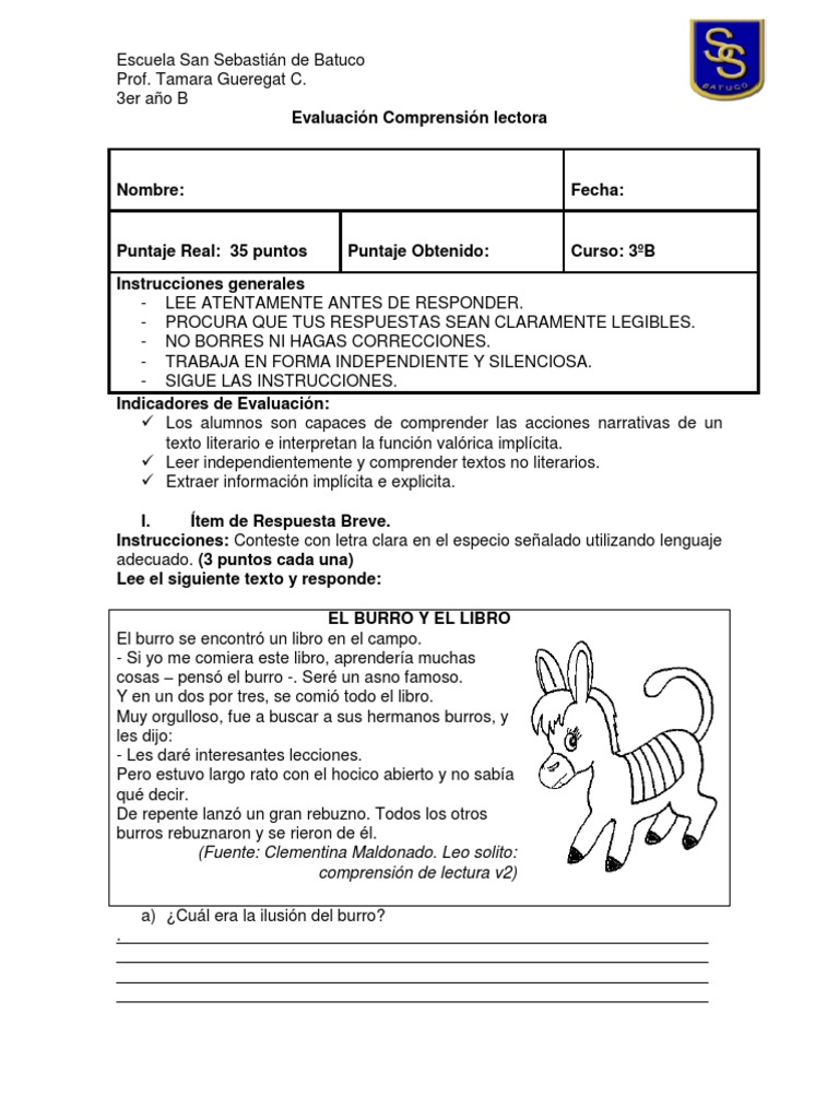 Evaluación Comprensión Lectora 3ero | PDF | Comprensión lectora ...