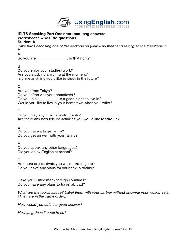 Ielts Speaking Part One Long Short Answers PDF | PDF | Question ...
