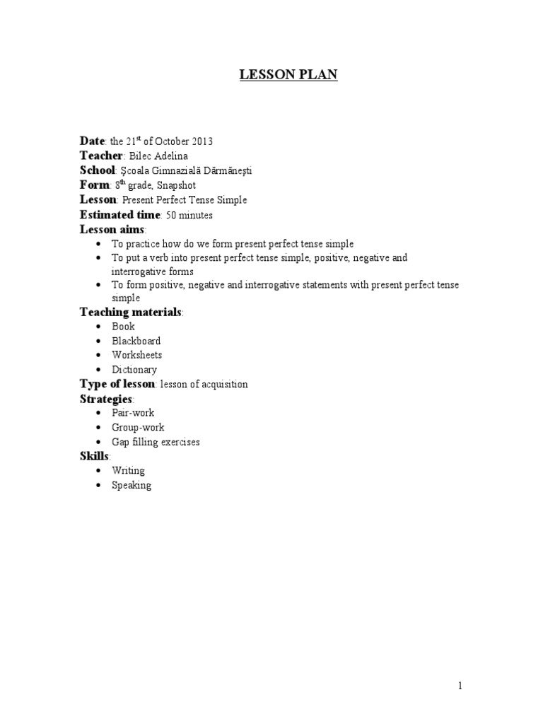 Lesson Plan: Date Teacher School Form Lesson Estimated Time Lesson Aims ...
