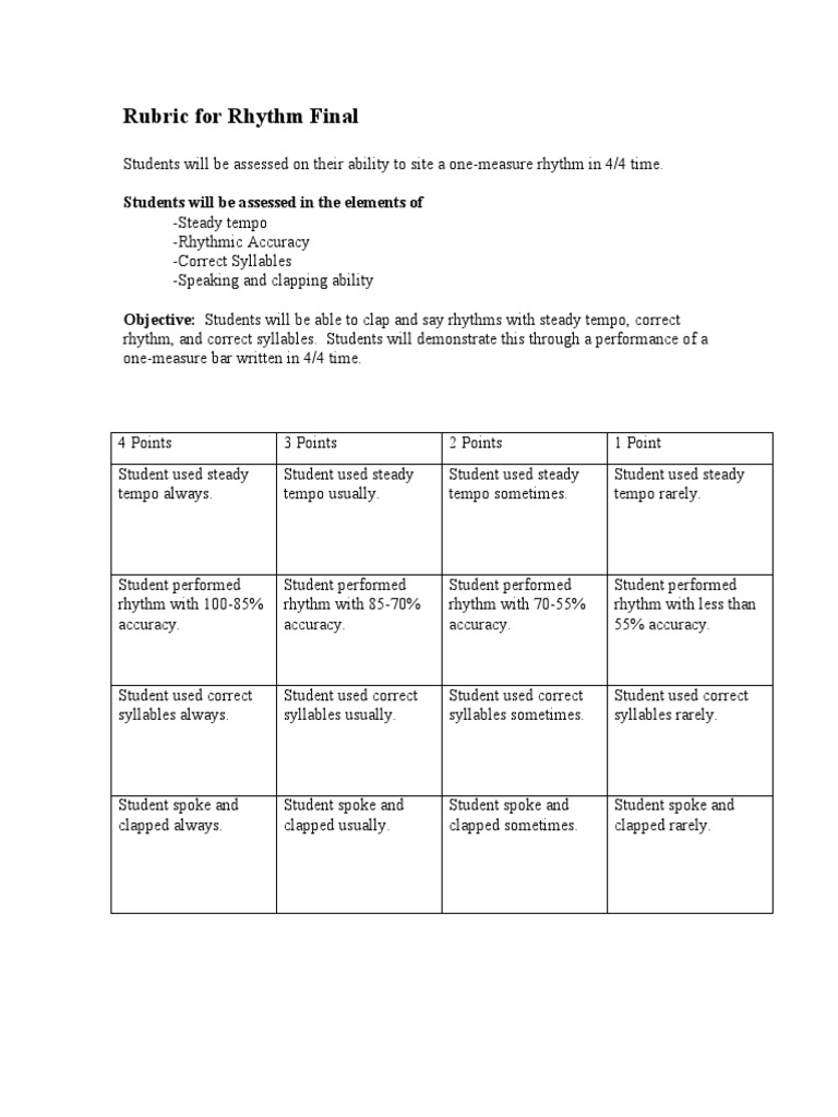 Rhythm Performance Assessment Rubric | PDF