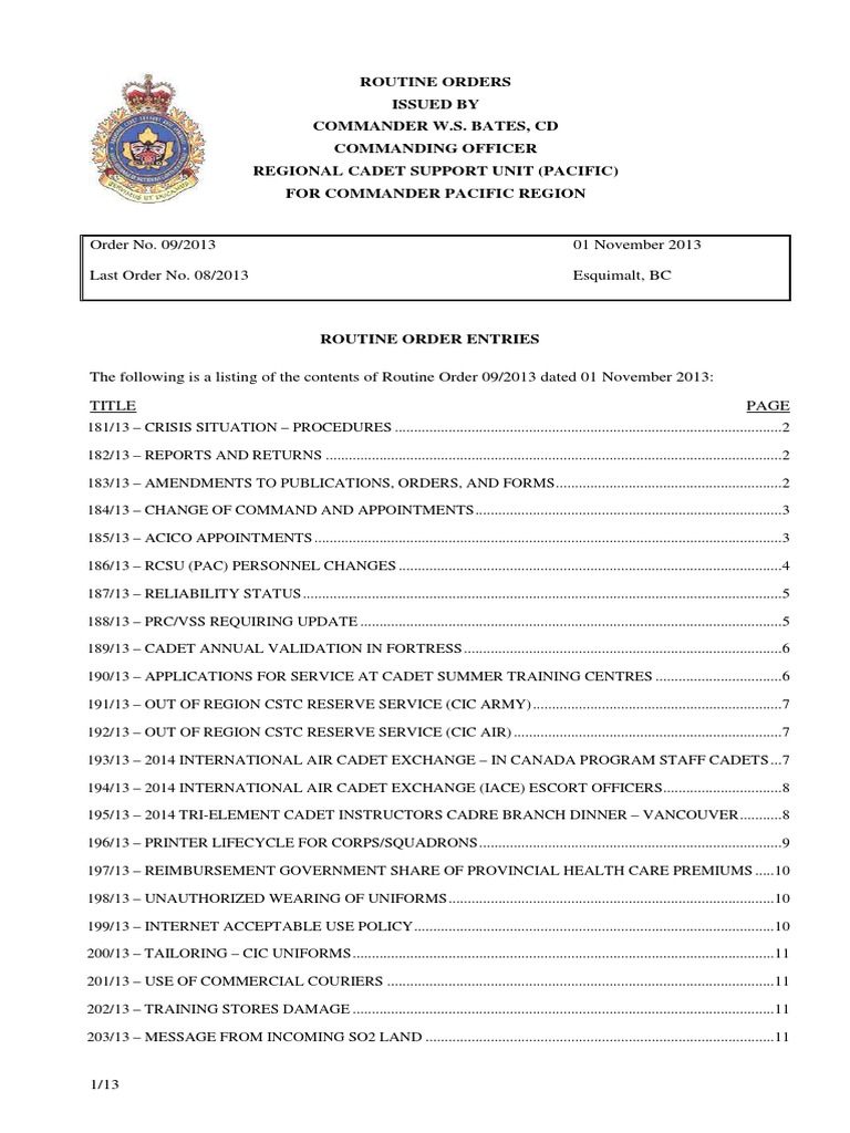 RCSU Pacific Routine Orders 09/2013 | PDF | Cadet | Military Organization