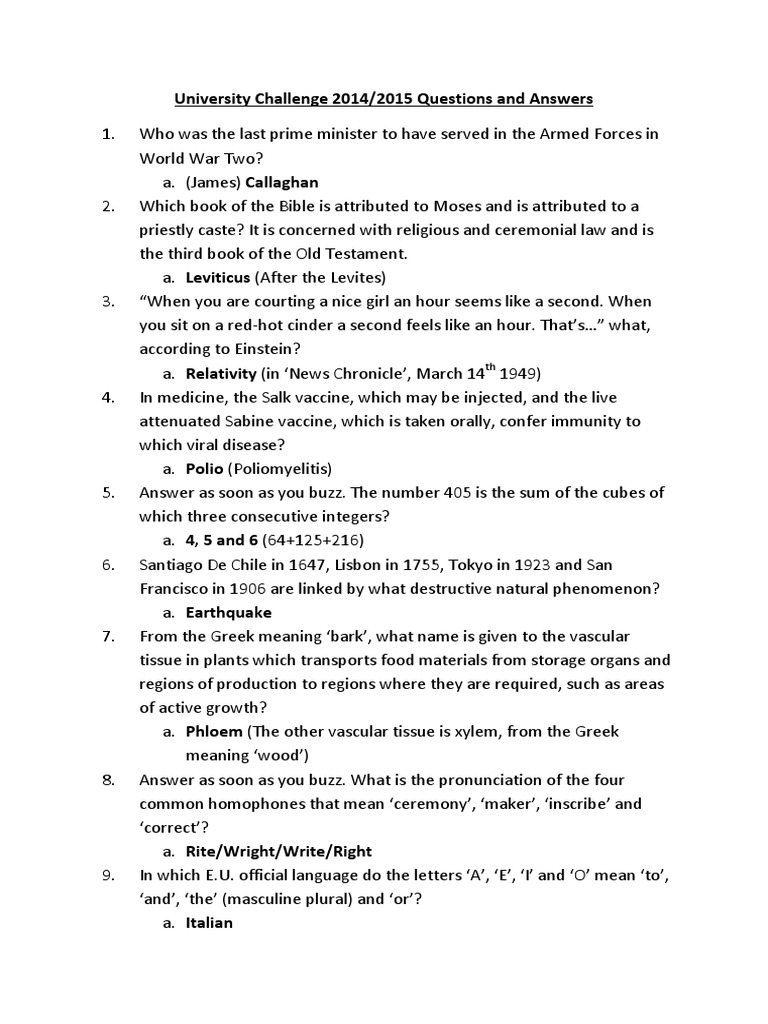 University Challenge 2014/2015 Questions | PDF | Stomach | Natural ...