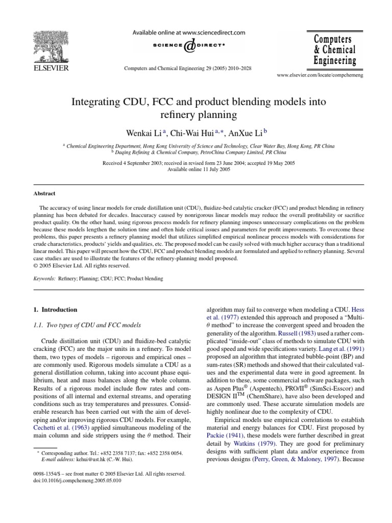 Integrating CDU, FCC and Product Blending Models Into Refinery Planning PDF | PDF | Distillation ...