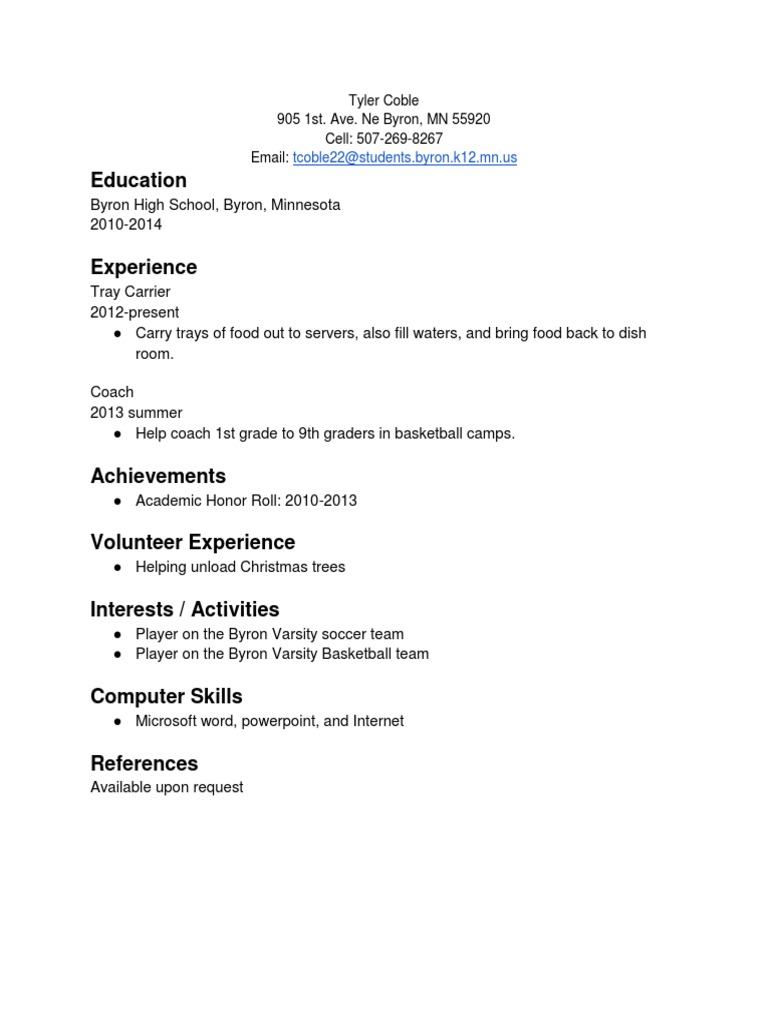 Education: Tyler Coble 905 1st. Ave. Ne Byron, MN 55920 Cell: 507-269 ...