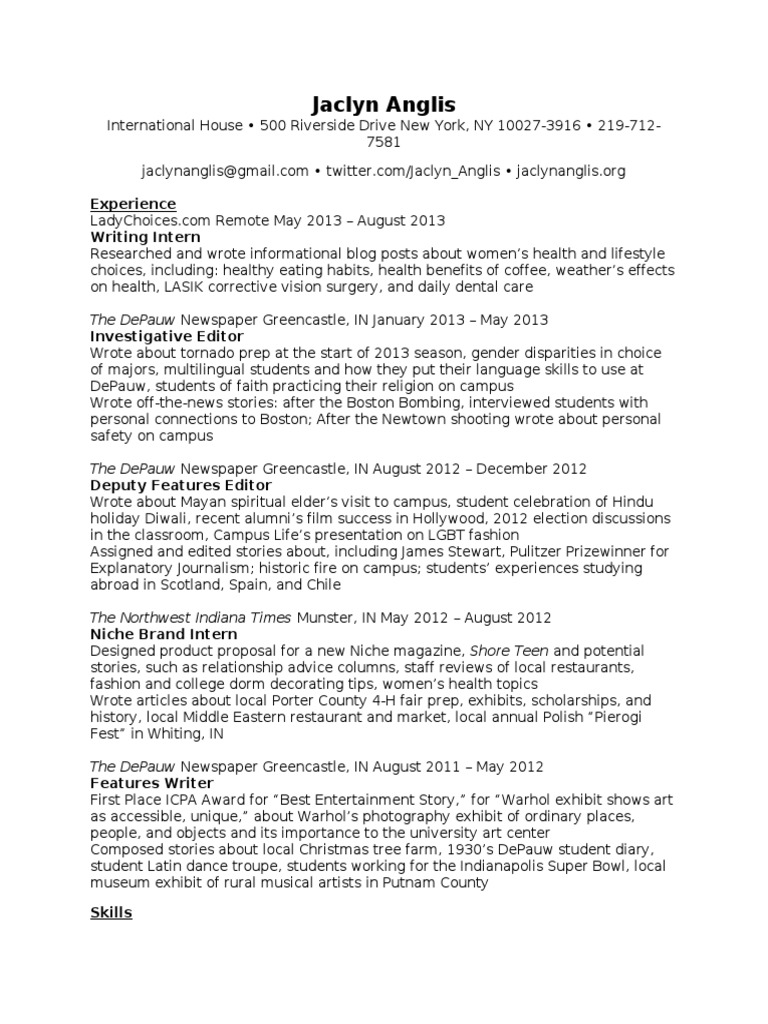 Jaclyn Anglis: Experience Writing Intern | PDF