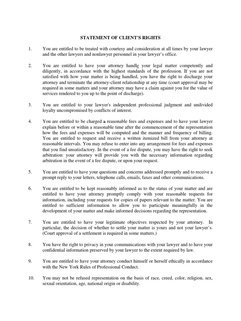 Statement of Client Rights and Responsibilities PDF | PDF | Lawyer ...