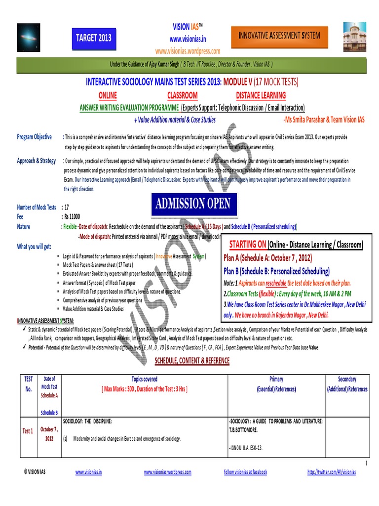Target 2013 Sociology Mains Test Series 2013 17 Mock Tests Vision Ias ...