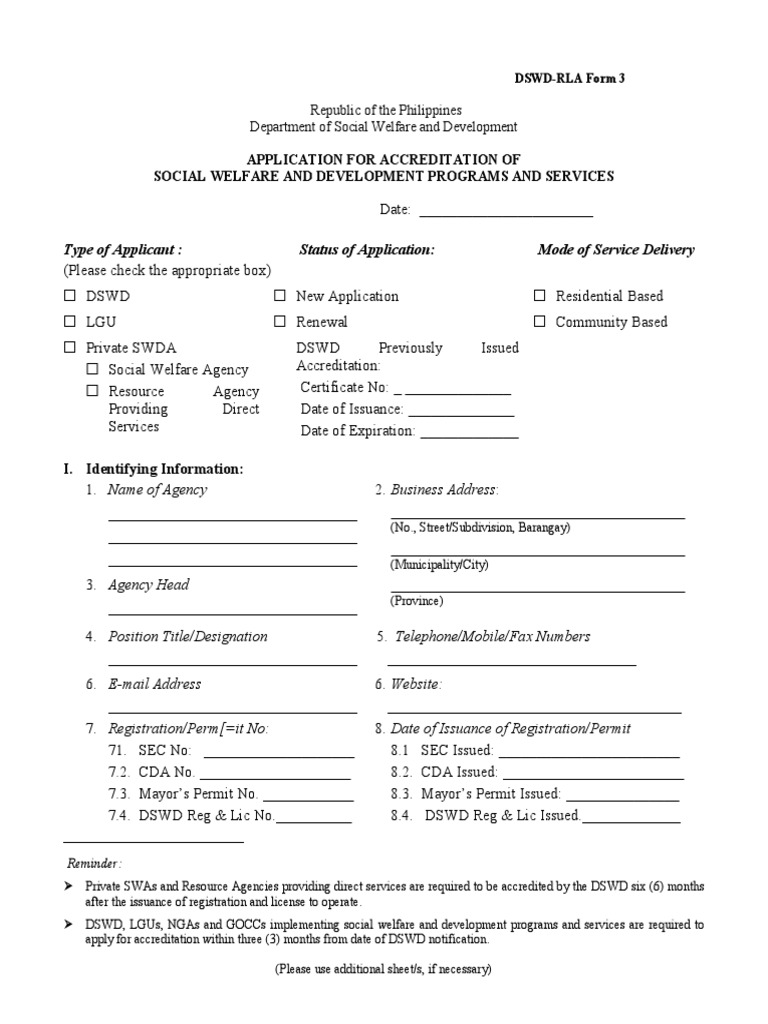 Dswd-rla Form 3 _application Form for Accreditation | Government | Politics