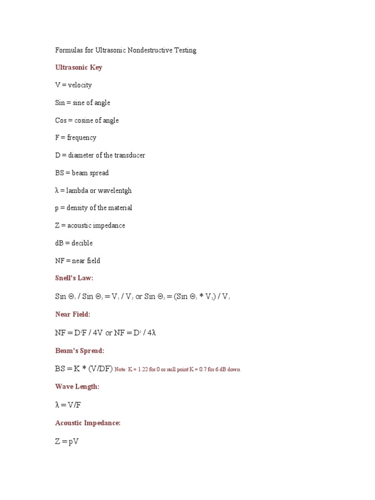 Formulas For Nondestructive Testing | PDF | Wavelength | Attenuation