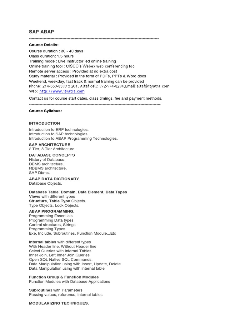 SAP ABAP Online Training | PDF | Object (Computer Science) | Databases