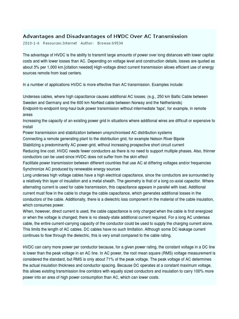Advantages and Disadvantages of HVDC Over AC Transmission | PDF | High ...