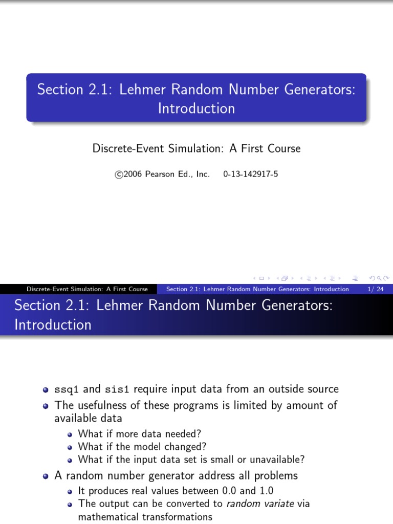 Section 2.1: Lehmer Random Number Generators:: Discrete-Event Simulation: A First Course ...