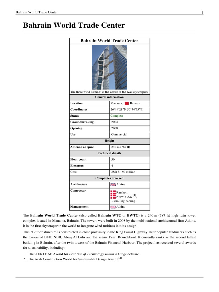 Bahrain World Trade Center Overview | PDF | Science | Engineering