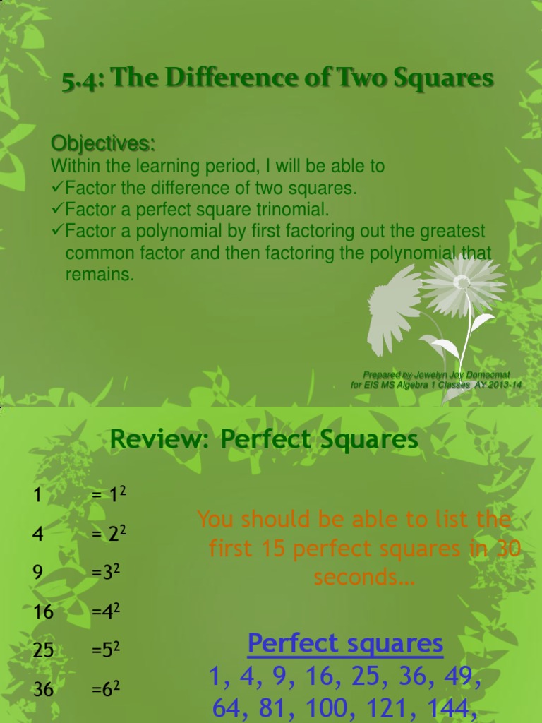 Difference of Two Squares Explained | PDF | Factorization | Numerical ...