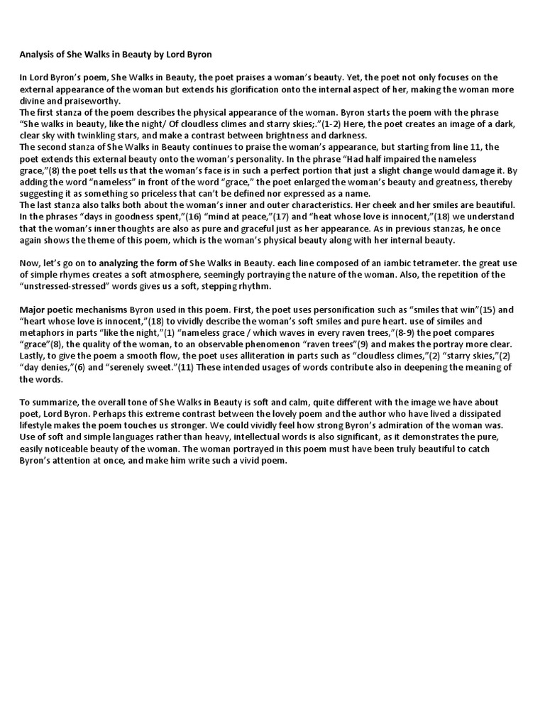 Analysis of She Walks in Beauty by Lord Byron | PDF | Poetry