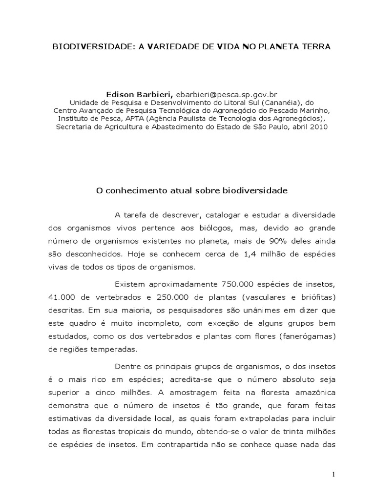 Biodiversidade A Variedade de Vida No Planeta Terra | PDF